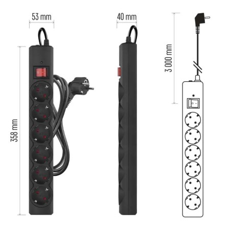Surge protector extension cord 6 sockets / 3 m / black